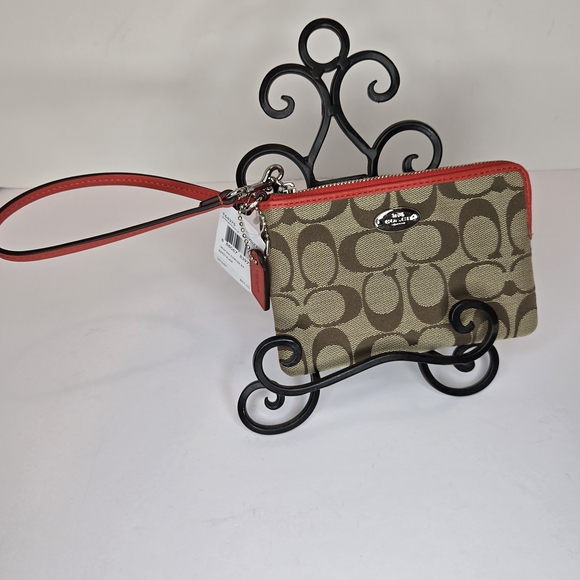 Coach | Bags | Coach Signature Wristlet With Red Leather Trim Nwt ...